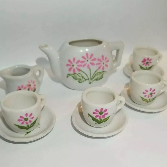 unknown | Toys | Pieceminiature Minitea Set White With Pink Flowers ...